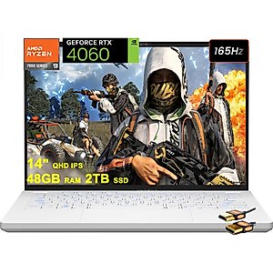 Asus ROG Zephyrus G14 Gaming Laptop 14" QHD+ 165Hz 500nits AMD 8-Core Zen4 Ryzen 9 7940HS (>i9-12900H) 48GB RAM 2TB SSD GeForce RTX 4060 8GB Graphic Backlit USB4 Fast Charging Win11 White + HDMI Cable