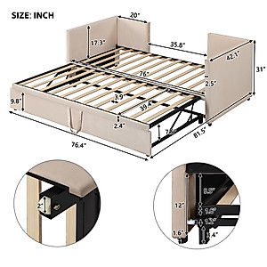 Eafurn Upholstered Daybed with Trundle,Extendable Daybed with Trundle Bed, Twin to King Daybed,Velvet Upholstered Daybed Sofa Bed w/Wood Slat, Twin Size Upholstered Daybed for Kid Boys Girls