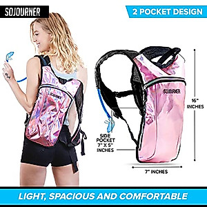 SOJOURNER Hydration Pack Backpack - 2L Water Bladder Included for Festivals, Raves, Hiking, Biking, Climbing, Running and More (Holographic - Pale Pink)