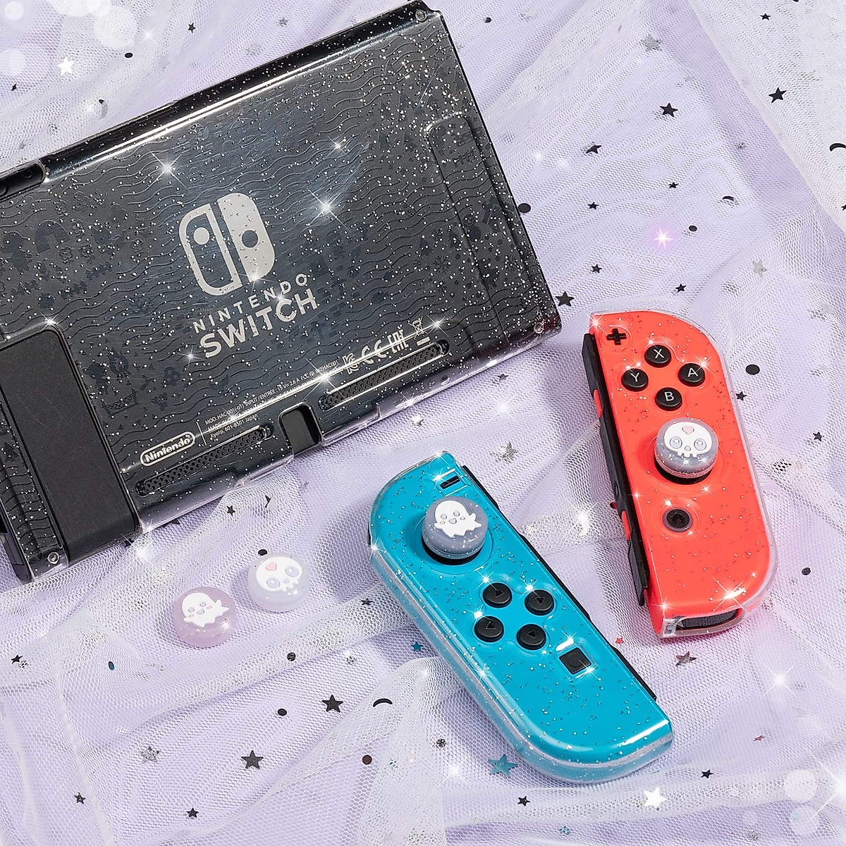 BelugaDesign Ghost Thumb Grips | Halloween Gothic Clear Jelly Glitter Joystick Grip Button Caps | Compatible with Nintendo Switch Standard Lite OLED