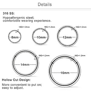 Dyknasz 10PCS 16G Surgical Steel Hinged Clicker Segment Septum Lip Nipple Ring Hoop Cartilage Tragus Helix Sleeper Earrings Piercing Jewelry for Women Men 8mm 10mm 12mm 14mm 16mm Silver