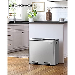 SONGMICS Trash Can, 2 x 6.3-Gallon (2 x 24L) Dual Garbage Can, Pedal Recycle Bin with Lids and Inner Buckets for Small Kitchens, Stainless Steel, Soft Closure, Airtight, Silver ULTB48NL