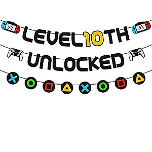 Happy 10th Birthday Banner Level 10s Unlocked Decoration Video Game Controller Level Up Theme Bday Decor for Boys Girls Children Kids Tenth Birth Anniversary Event Supplies