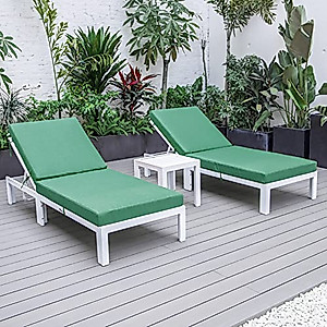 LeisureMod Chelsea Modern White Aluminum Chaise Lounge Outdoor Patio Chair with Side Table & Cushions Set of 2, Green