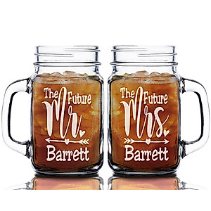 Custom-Engraved-Glasses-by-StockingFactory The Future Mr and Mrs Personalized Set of 2 Masons Mug Rustic Country Wedding Party Favors Newlywed Couple His and Her Mugs Groom Gift for Wife