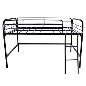 Majnesvon Metal Low Loft Bed Twin Size with Sturdy Steel Frame, Twin Loft Bed Frame with Ladder and Safety Guardrails, Storage Space Under The Bed for Kids, Toddlers, Teens (Black)