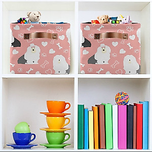 susiyo Pink Old English Sheepdog Open Storage Bins 2 Pack, Large Canvas Storage Baskets with PU Handles Collapsible Storage Box Organizers for Home Closet Nursery Toys Dorm Office Laundry