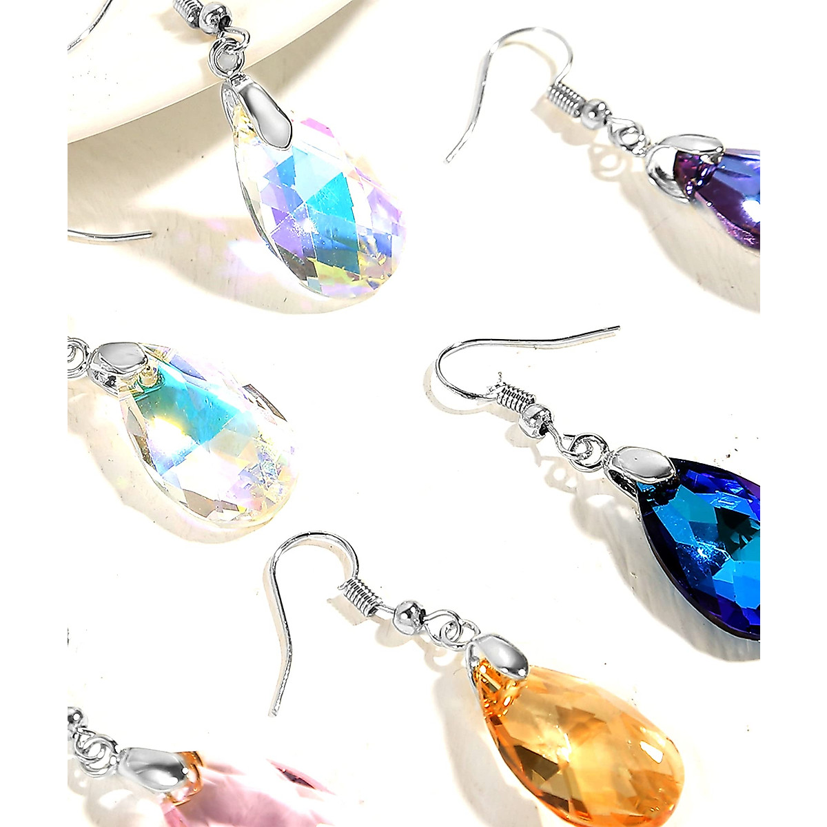 Akeoqi 6 Pairs Leverback Dangle Earrings Set Multi-color Tear Drop Cubic Zirconia Dangle Earrings For Women