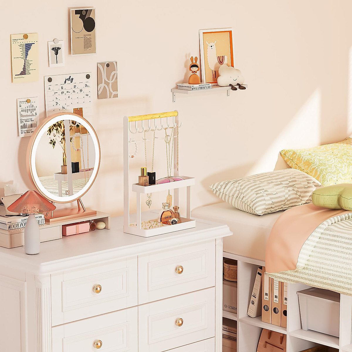 Lolalet Jewelry Organizer Stand Holder Mother's Day Gift, 4-Tier Cute Necklace Holder Stand Rack with 12 Hooks Place Rings Necklaces for Teen Girl Room Decor -White