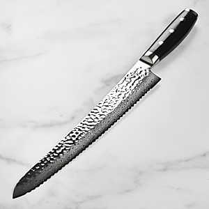 Enso 10.75" Bread Knife - Made in Japan - HD Series - VG10 Hammered Damascus Stainless Steel - Large Scalloped Slicing Knife for Breads, Melons & Meats