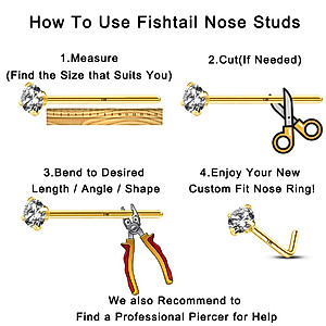 COCHARM Fishtail Nose Stud Ring 20g 14k Real Gold Custom Bendable Nose Rings CZ Nose Piercing Jewelry for Women Men 2mm
