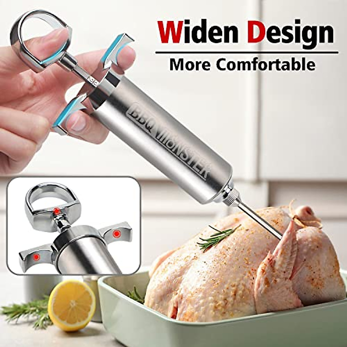 BBQ Monster Meat Injector Syringe Kit with 4 Professional Marinade Injector Needles and Travel Case for BBQ Grill Smoker, Turkey, Brisket; 2-oz Capacity; Paper User Manual and E-Book (PDF)