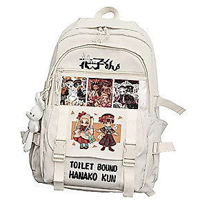 jupkem Jupkem Anime Toilet-bound Hanako-kun Backpack with Animal Doll Pendant Student Bag Laptop Cosplay Boy Girl (White 5)