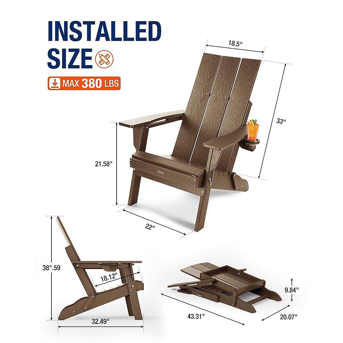 POWERWOOD Modern Adirondack Chair, Oversized HDPE Folding Adirondack Chairs Wood Texture, Higher Back Weather Resistant Adirondack Chair Set with Cup Holder, Fire Pit Chairs for Outdoor Patio (Teak)