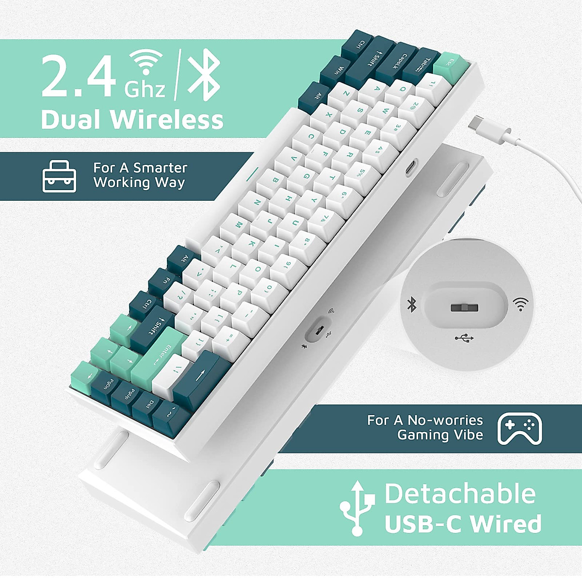 FL ESPORTS F12 65% Three-Mode Wireless Mechanical Keyboard, 68 Keys RGB BT 5.0/2.4Ghz Gaming Keyboard w/Light Tactile Kailh Box White Switch, PBT Keycaps, Durable Durable Battery