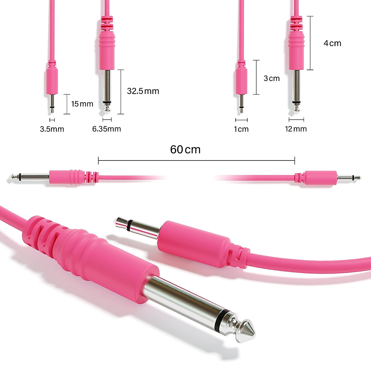 ExcelValley - 1-Pack - Mono Patch Cables - TS 3.5mm 1/8" to 6.35mm 1/4" [Pink | 60 cm - 23.62"]