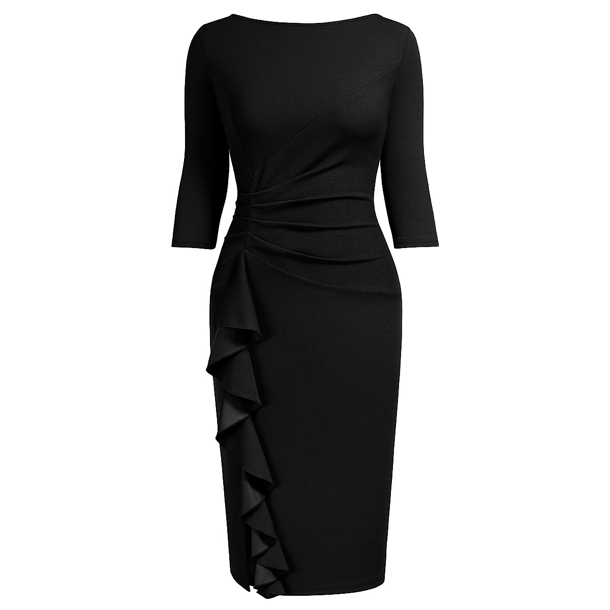 AISIZE Women's Retro 3/4 Sleeve Ruched Elegant Business Pencil Sheath Dress Black
