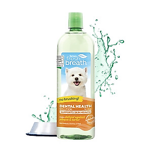 TropiClean Fresh Breath with Omega 3 & 6 for Skin Health | Dog Breath Water Additive | Dental Care | Dog Breath Freshener | Simple Pet Teeth Cleaning | Made in USA | 33.8 oz