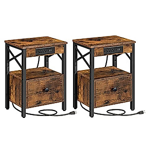 HOOBRO Nightstands Set of 2 with Charging Station, End Table with Drawer, USB Ports and Power Outlets, Farmhouse Nightstand Sofa Table for Bedroom, Space Saving, Rustic Brown and Black BF128UBZP201G1