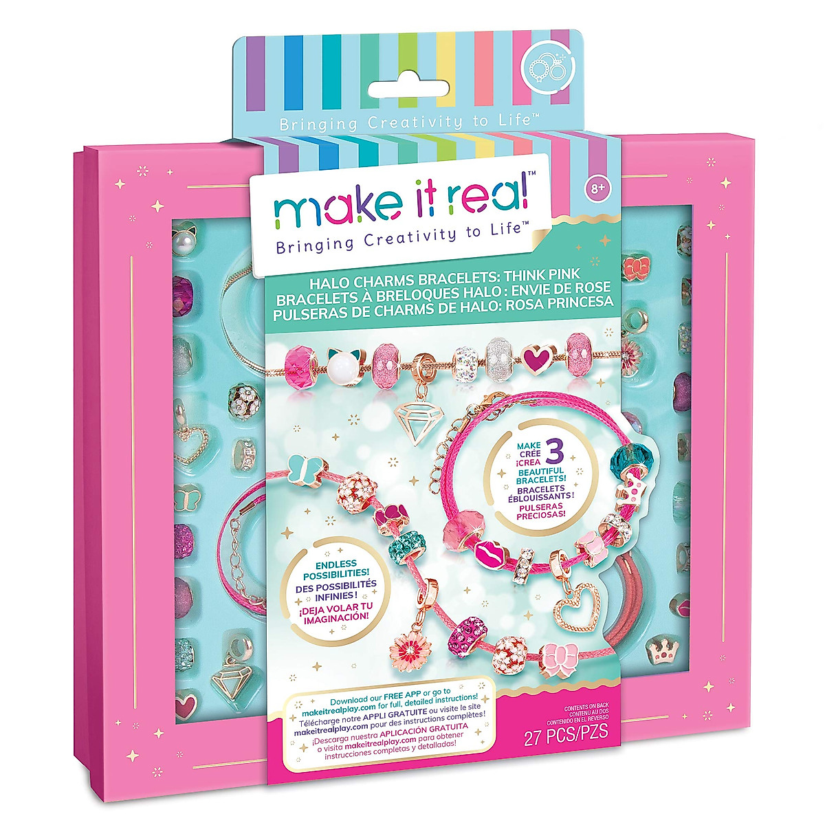 Make It Real - Halo Charms Bracelets Think Pink - DIY Charm Bracelet Making Kit - Friendship Bracelet Kit with Beads, Charms & Cord - Arts & Crafts Bead Kit for Girls - Makes 3 Bracelets