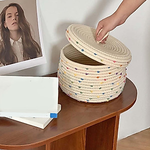 HERCHR Cotton Rope Basket, Small Rainbow Basket Mini Woven Basket Small Round Basket Woven Storage Basket with Lid for Organizing