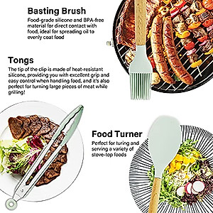 Kitchen Utensils Set, QMVESS 35 Pcs Non-Stick Silicone Cooking Utensils Set with Holder, Sturdy Wooden Handle, Heat Resistance Silicone Spatula Spoon Kitchen Gadgets Utensils Set (Light Green)