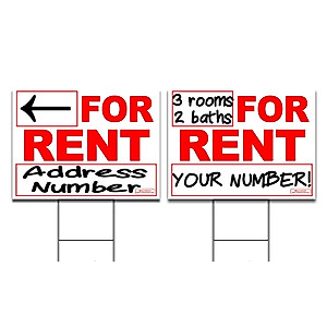 FOR RENT Yard Signs Double Sided Prints on 24" x 18" Corrugated Plastic Lawn Sign + Heavy Duty H-Stakes Wire Stand (2)
