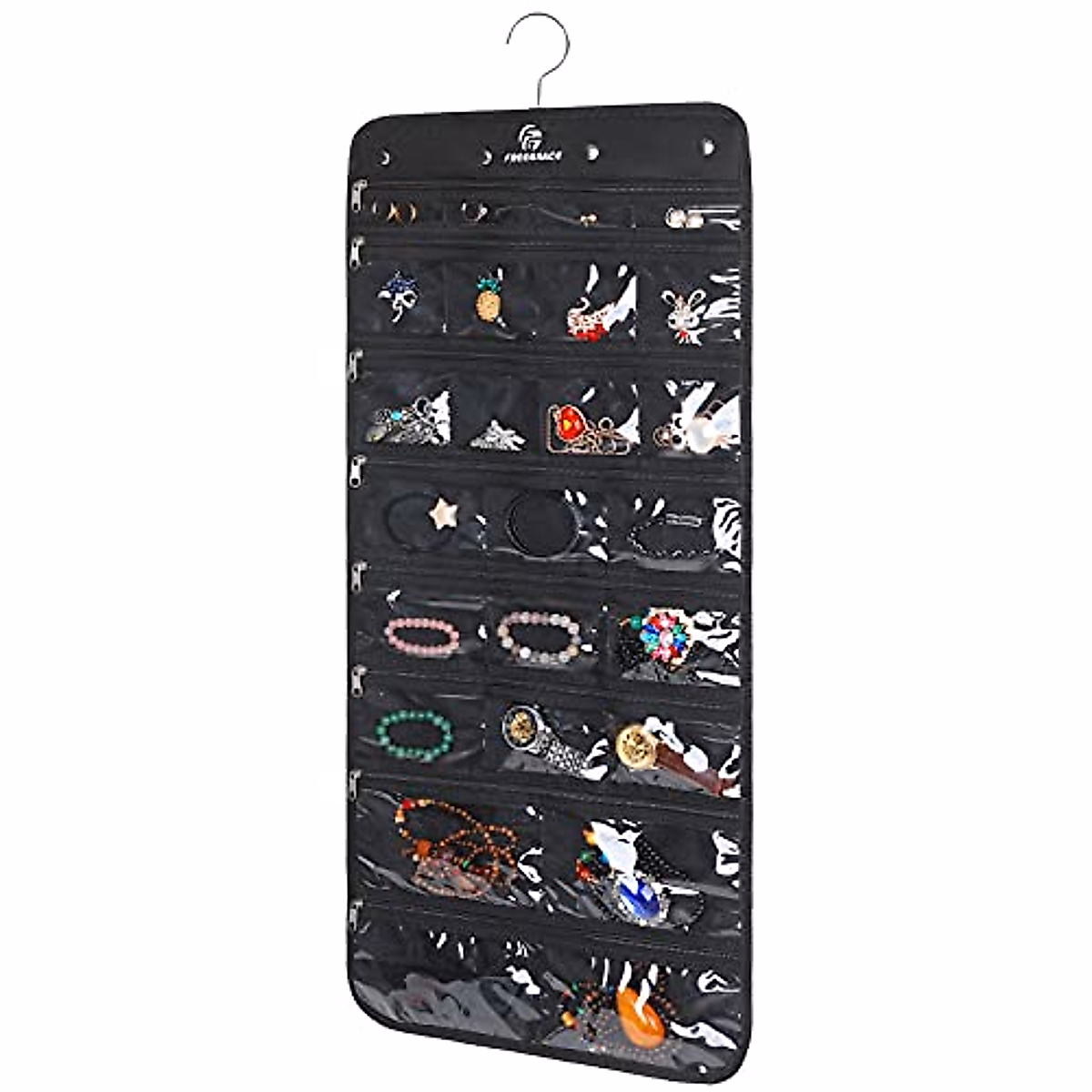 Freegrace Hanging Jewelry Organizer Revolving Hanger - Secure Zipper Closure - 50 Pockets - Foldable Storage & Display Solution - For All Jewelry & Bijoux (Black)