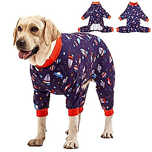 LovinPet Pullover Pitbull Pajama PJS - Lightweight Pullover Pajamas, Full Coverage Dog Pjs,Spacecraft Navy Print, Large Breed Dog Pjs/XL