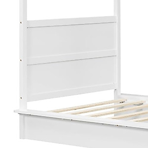 BOVZA Twin Size Canopy Bed Frame with LED Lights and Headboard, Wooden 4-Post Canopy Platform Bed with Support Slats, No Box Spring Needed, White