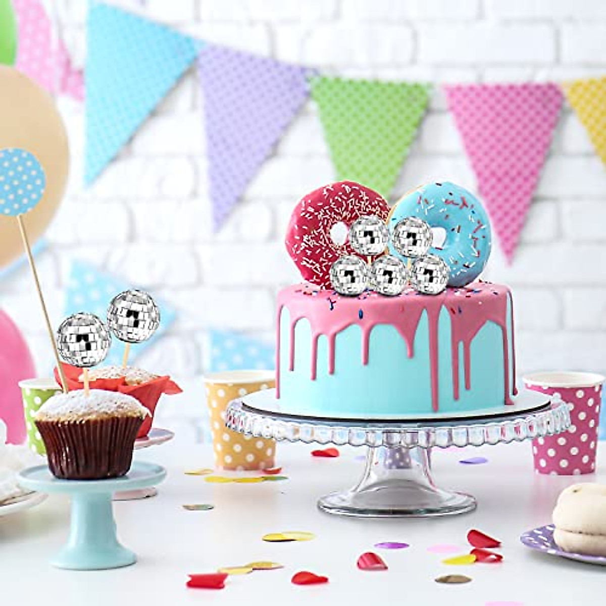 24 Pcs Disco Ball Cupcake Toppers, Disco Ball Cupcake Picks, Disco Ball Cake Toppers Disco Theme Cake Decorations for Disco Theme Party 70s Disco Party Decorations(2.7CM)