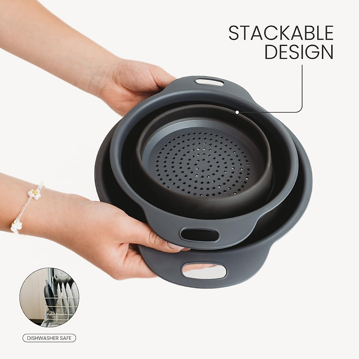 Collapsible Colander | 2-Pack Black Collapsible Strainer for Pasta, Fruits, & Vegetables | Compact Silicone Strainer Ideal for Straining all Sorts of Foods | Strainer for Everyday Use Medium