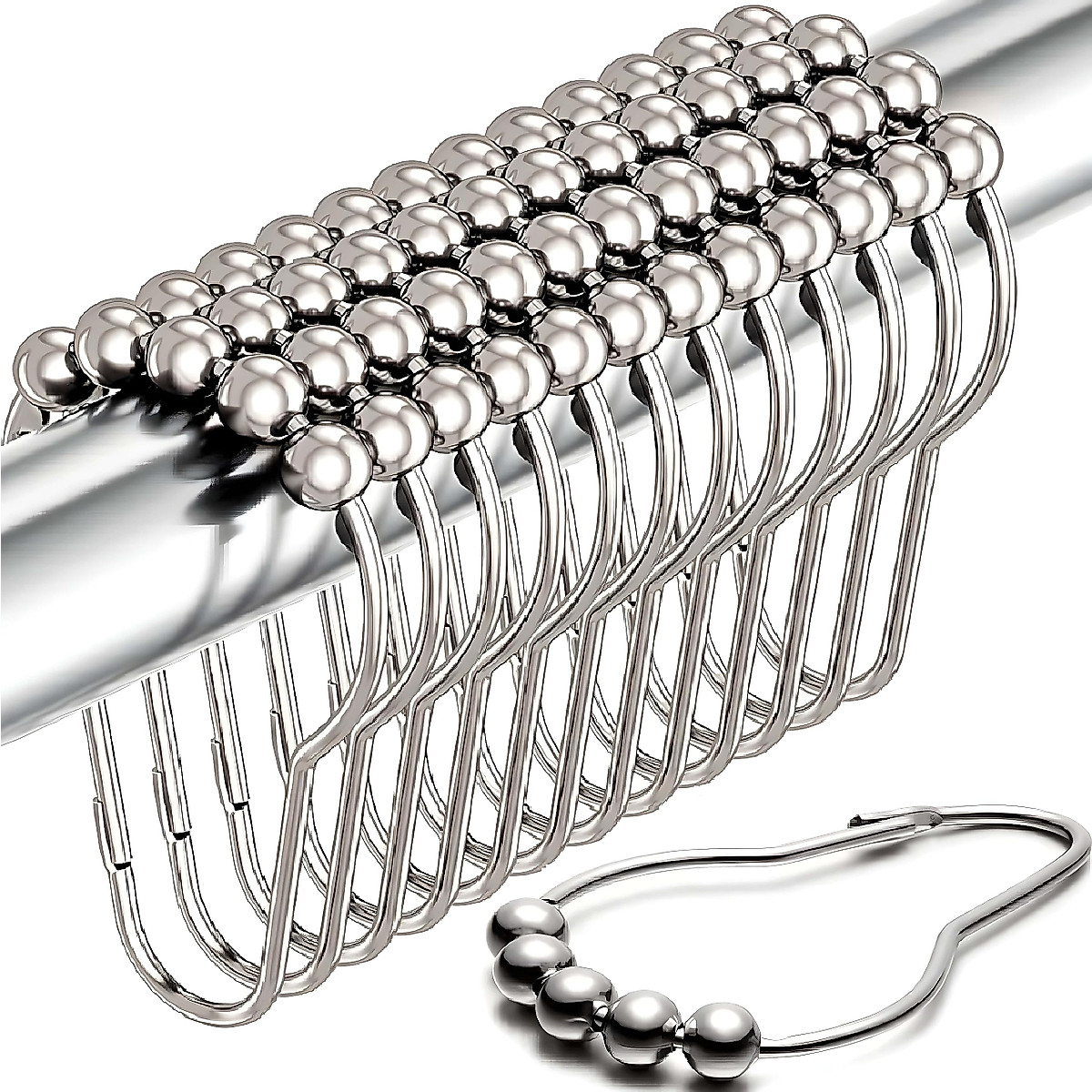 Shower Curtain Hooks Rust Proof (Set of 12) - Stainless Steel Shower Curtain Rings - Anti Slip Roller Balls for Easy Glide (Secure Lock Hooks, Polished Nickel)
