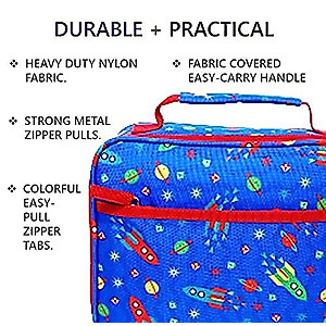 kinsho Bento Lunch Box and Matching Lunch Bag with Ice Pack Set for Kids, Toddlers (Blue Red Rockets)