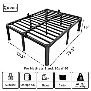 ROIL 18 Inch Queen Bed Frame with Rounded Corner and Headboard Hole Mattress Retainers 3500LBS Metal Heavy Duty Steel Slats No Box Spring Needed Platform Noise-Free Easy Assembly