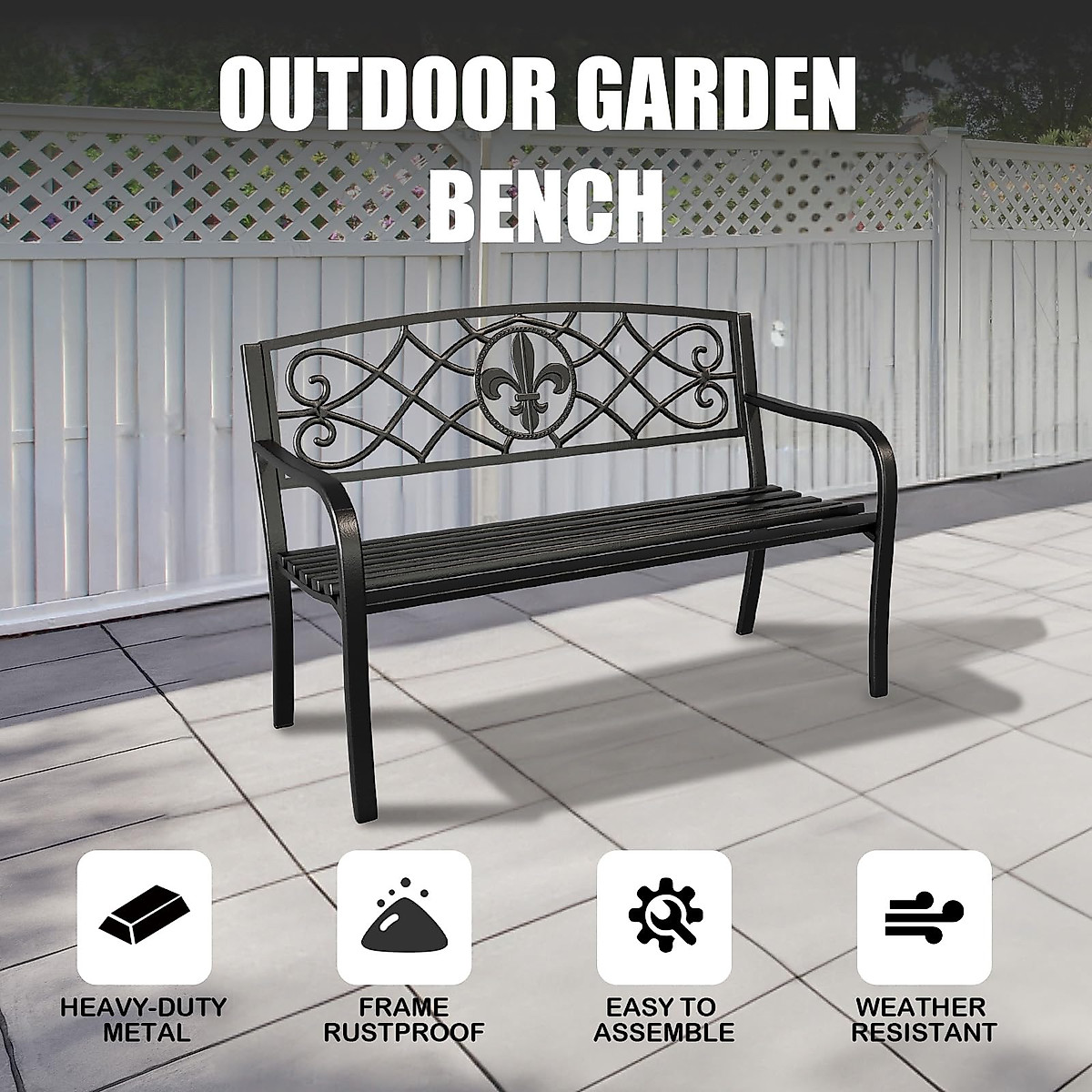 HCSH&WILL Outdoor Bench, Weatherproof Park Bench, Classic Garden Bench with Backrest & Armrests, Outdoor Metal Bench for Patio, Porch, Lawn and Yard, Black