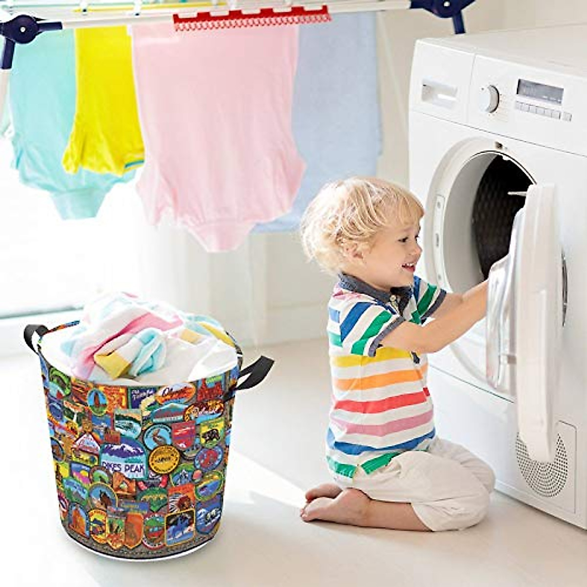 National Parks Badges Laundry Basket Hamper Bag Dirty Clothes Storage Bin Waterproof Foldable Collapsible Toy Organizer for Office Bedroom Clothes Toys Gift Basket