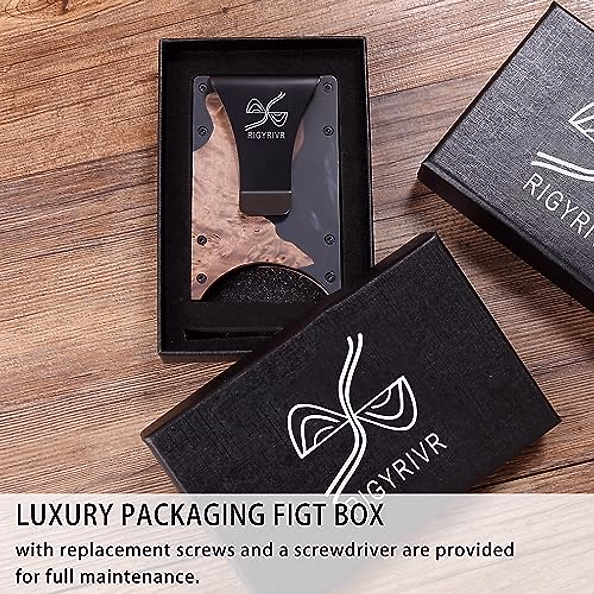 RIGYRIVR Minimalist Slim Wallet for Men - Wood Wallets RFID Blocking - Credit Card Holder with Metal Money Clip - Easily Removable Money & Cards - Mens Wallets-Unique Pattern,Black