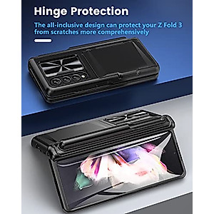 Viaotaily Galaxy Z Fold 3 Case with Pen Holder, Fold 3 Case with Hinge Protection & Screen Protector, Credit Card Storage Kickstand Cover Case for Samsung Z Fold 3 5G 2021(with S Pen Holder Black)