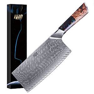 FINDKING Nebula Series Cleaver Knife, Multipurpose Chinese Chef Knife, 10Cr15CoMov Damascus Steel Blade, Resin and Figured Sycamore Handle, Full Tang, 7 Inch, Blue, for Meat, Vegetable Shredding