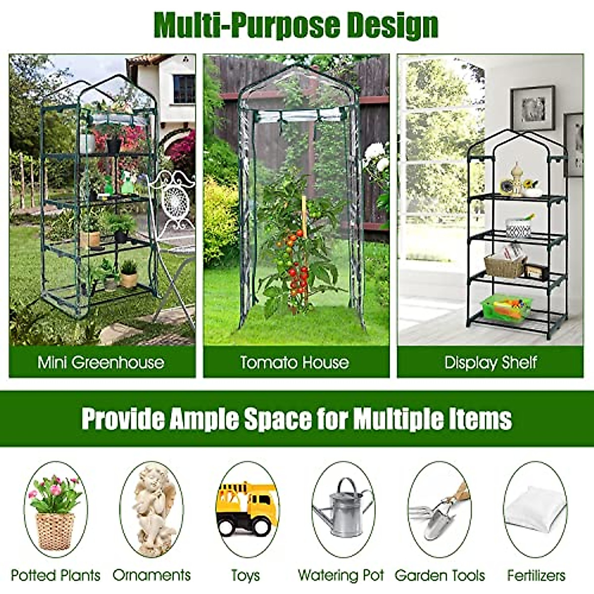 Renatone 4 Tier Mini Greenhouse, Portable Gardening Tent with Weatherproof PE Cover, Zippered Roll-up Door, Steel Frame, Outdoor Garden Greenhouse for Backyard Balcony Patio (Clear)