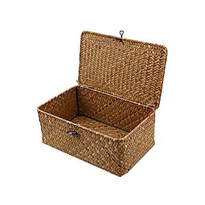 VALICLUD Large Wicker Baskets with Lids Woven Seagrass Storage Basket Woven Storage Bins Basket with Lid Kids Storage Organizer for Toys Makeup Woven Trash Can Snack Wooden Fruit Dish Child
