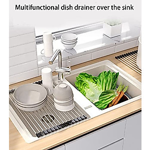 HEREOF Roll Up Dish Drying Rack for Kitchen Counter, Rolling Stainless Steel Sink Drying Mat Foldable Drainer for Kitchen Organization and Storage 17.5x11.8