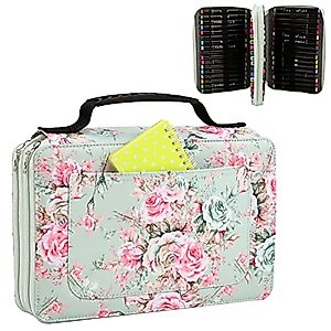 YZK Art Marker Case-68 Slots Marker Organizer Case with Front Pocket Zipper Closure, 2-Layer Colored Pencil Case for Markers, Colored Pencils or Gel Pens (Green Rose)