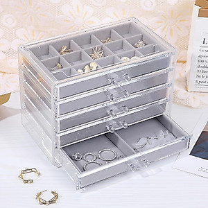 misaya Earring Jewelry Organizer with 5 Drawers, Birthday and Christmas Gift, Clear Acrylic Jewelry Box for Women, Velvet Earring Display Holder for Earrings Ring Bracelet Necklace, Gray