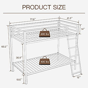 ikalido Metal Bunk Bed Twin Over Twin Size, Heavy Duty Twin Bunk Beds with Safety 14" Guard Rail & Sturdy Inclined Ladder, Space-Saving/No Box Spring Needed/Matte White