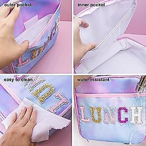 FROG SAC Kids Lunch Bag for Girls, Reusable Insulated Preppy Tie Dye Glitter Varsity Letter Patch Lunch Box, Cute Soft Back to School Tween Lunchbox