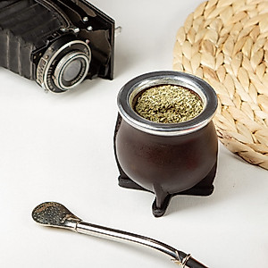 thebmate [Camionero Mate Premium Set Yerba Mate Cup - Crafted Ceramic Teacup - Leather Wrapped Handmade in Uruguay - Set Mate Camionero, German Silver Bombilla Straw, Cleaning Brush (Dark Brown)