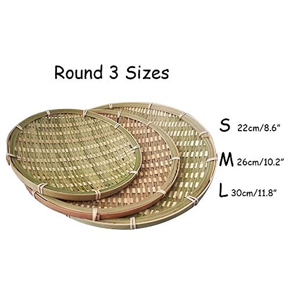 100% Handmade Bamboo Basket Weaving Serving Tray Set of 3 for Bread Food Snack Woven Wicker White Green Bamboo Basket Holder Traditional Decor 8inch 10inch 12inch 14inch 16inch (Green, Set of 3)