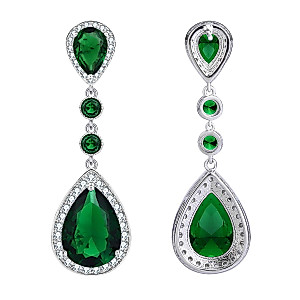 EleQueen Women's Silver-tone Cubic Zirconia Teardrop Bridal Dangle Earrings Emerald Color